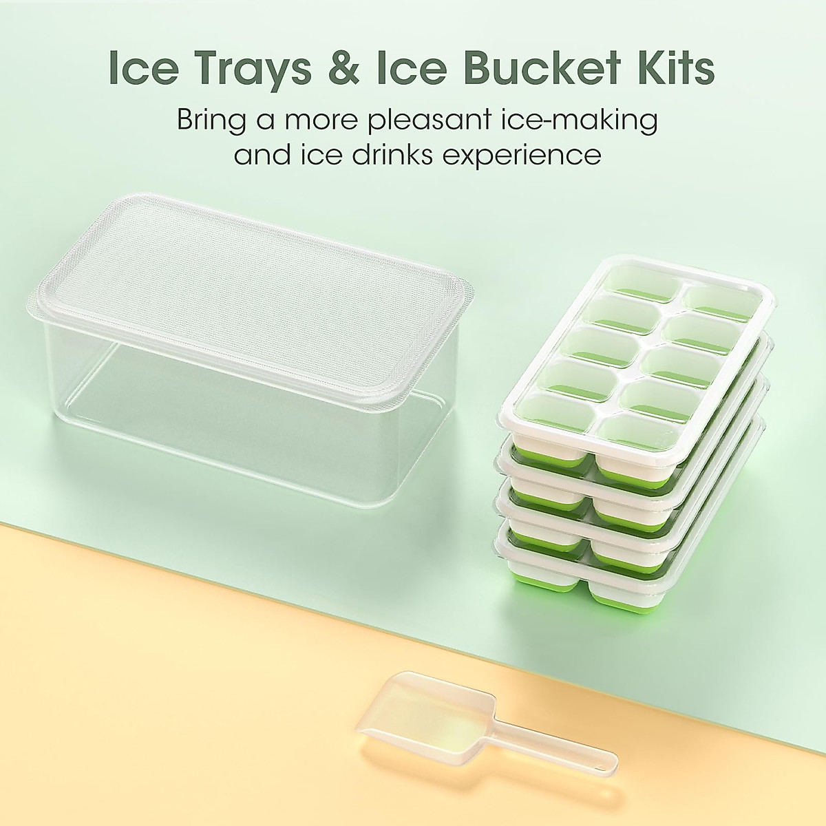DOQAUS Ice Cube Tray with Lid and Bin, Silicone & Plastic Ice Cube Trays for Freezer with Ice Box, 4 Pack Ice Trays with Ice Container, Stackable Ice Tray with Storage Ice Bucket Bin, Ice Tong & Scoop