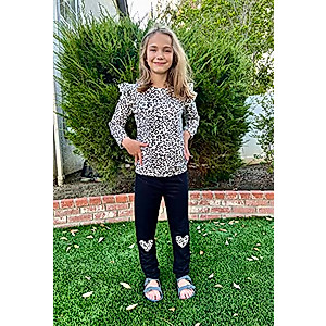 RETSUGO Little Girls 2 Piece Outfits White Leopard Aop Sweatshirts Ruffle Sleeve Toddler Shirt and Leggings Set Kids Clothes Girls Picture Day Outfits for School 8-9 Years old/6627