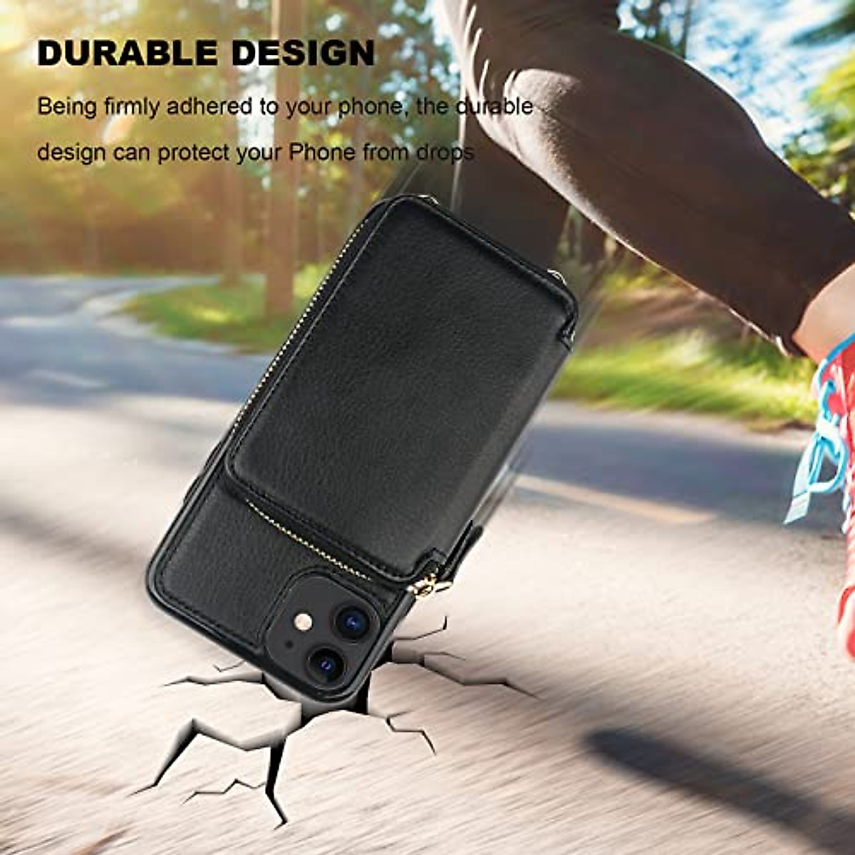 Bocasal RFID Blocking Wallet Case for iPhone 11, Adjustable Crossbody Zipper Purse Case Card Holder with Kickstand Detachable Wrist Strap, PU Leather Flip Folio Case 6.1 Inch (Black)