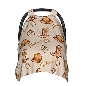 Personalized Cowboy Baby Car Seat Canopy for Babies with Name, Western Car Seat Covers for Boys Girls, Peekaboo Opening Minky Nursing Breastfeeding Cover Infant Stroller Canopies for Newborn