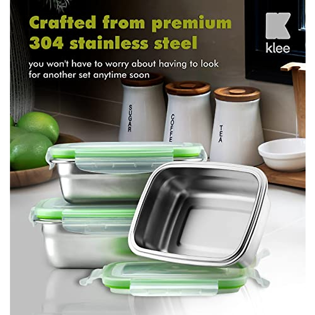Klee Set of 3 Food Storage Containers with Airtight Lids (12oz,19oz, 28oz) - Premium 304 Stainless Steel Containers, Bento Boxes, Lunch Boxes, Meal Prep Containers for Kitchen, School, Office, Travel