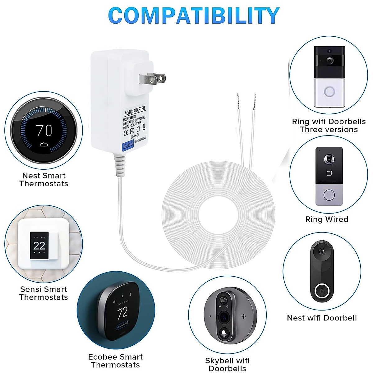 DC24V1000mA Doorbell Transformer,for Ring Doorbell Transformer C Wire Adapter Thermostat, Compatible with Wyze, Ring, Nest Ecobee, Honeywell, Eufy and Nest Hello Video Doorbells,White 33 Foot Length