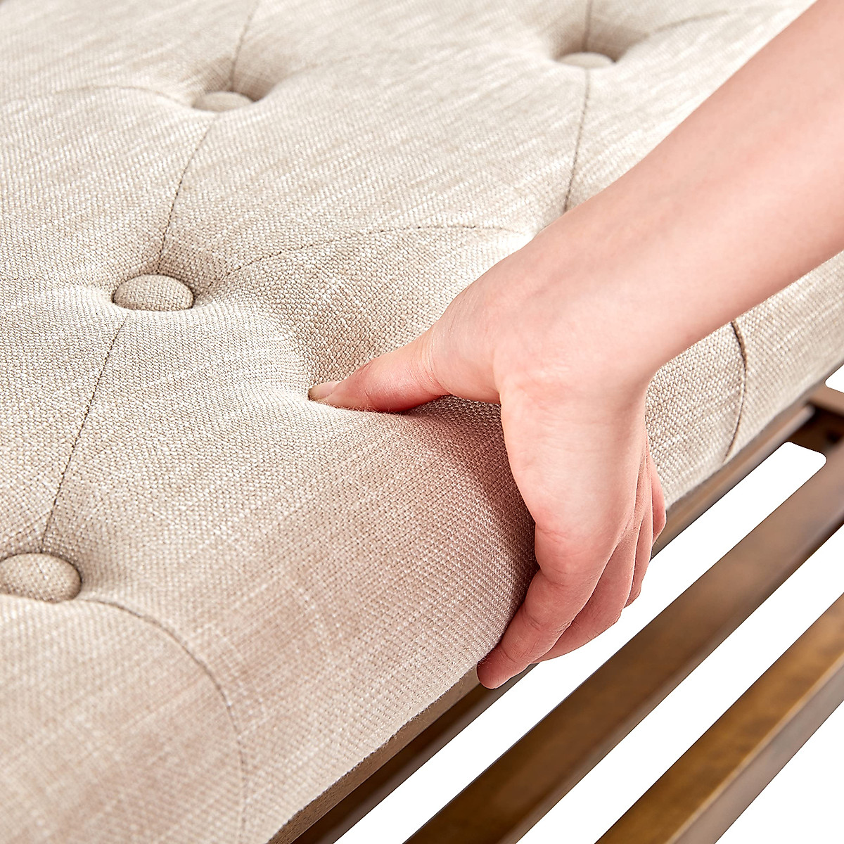 HUIMO Entryway Shoe Bench, End of Bed Bench,Upholstered Button-Tufted Bench for Kitchen, Fabric Ottoman Bench for Living Room, Padded Bench with Solid Wood Shelf Beige