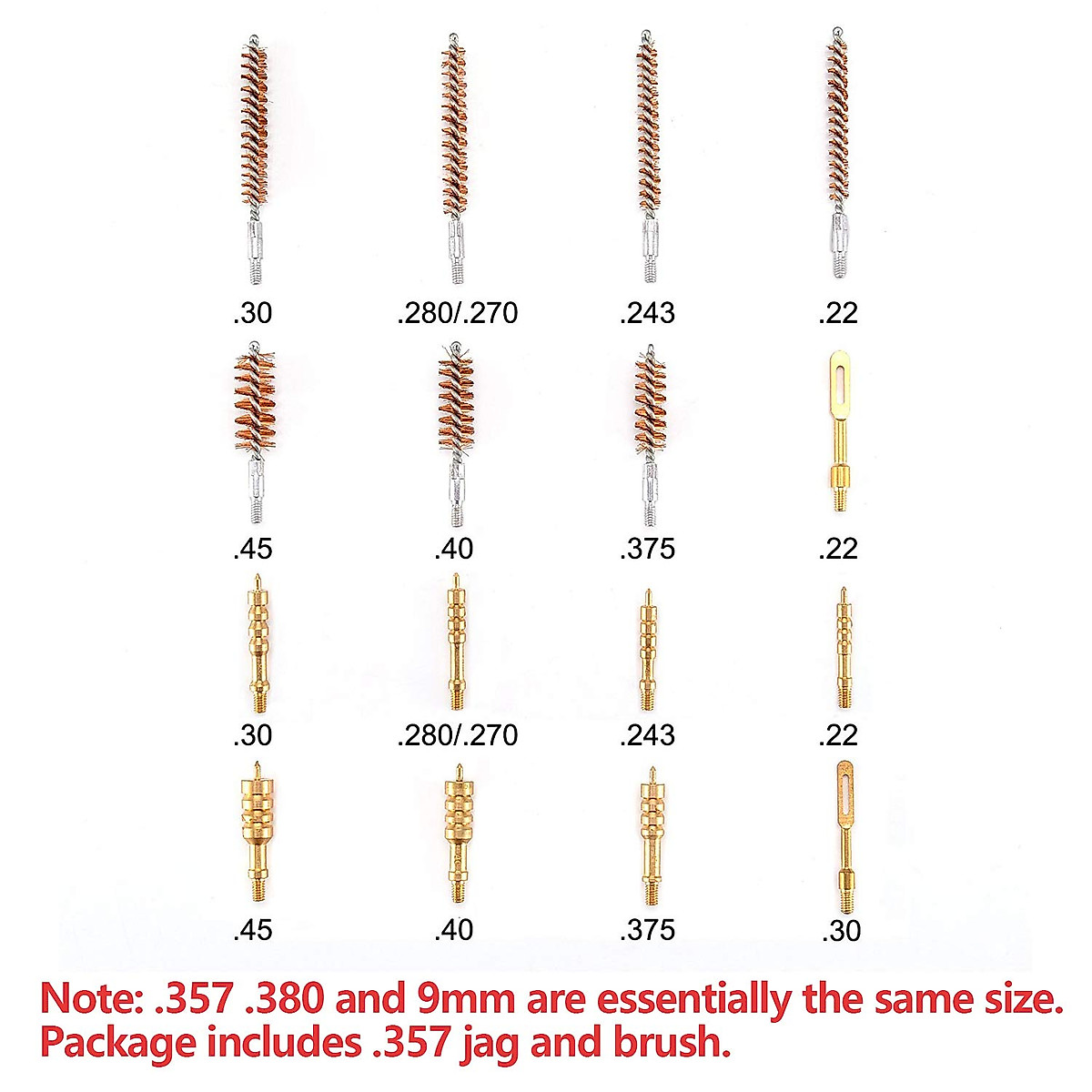 Handgun Rifle Cleaning Kit .22, 30, 243, 280, 40, 45, 357/9mm/.38 Multi-Caliber Bore Brushes Brass Jags Boosteady
