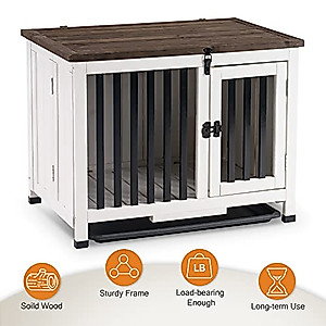 MCombo Wooden Dog Crate Furniture, Portable Foldable Dog Kennel End Table, Solid Wood Indoor Cage with Tray (Small, White and Brown)