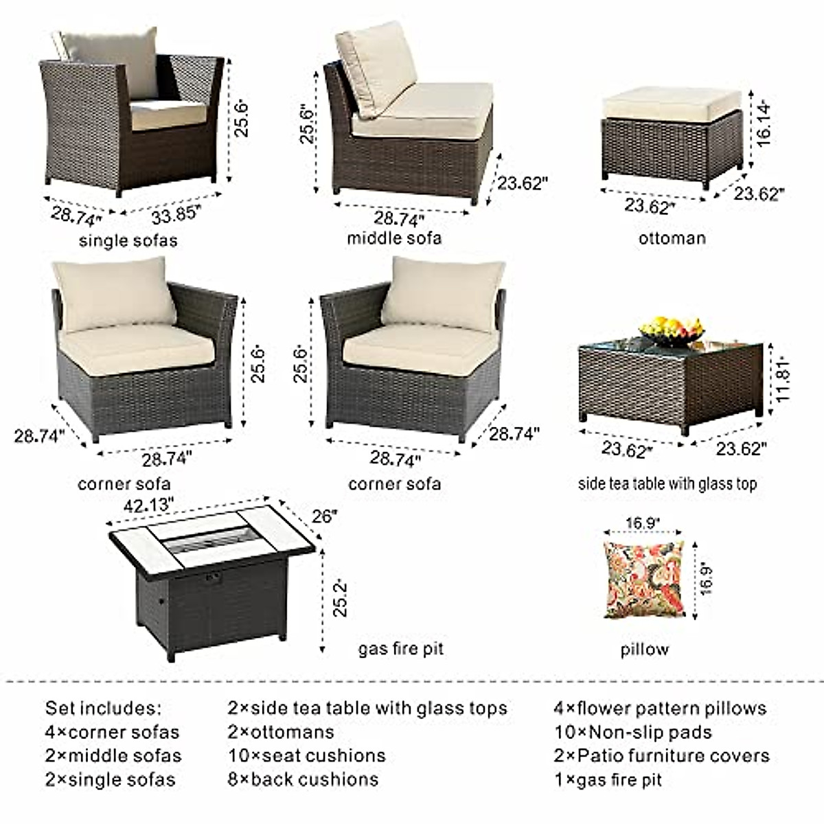 XIZZI Patio Furniture Set Outdoor Sectional Sofa with 42" 50000BTU Gas Propane Fire Pit Table 13 Pieces PE Wicker Rattan Patio Conversation Sets with 4 Pillows and Furniture Covers,Fire Pit/Beige
