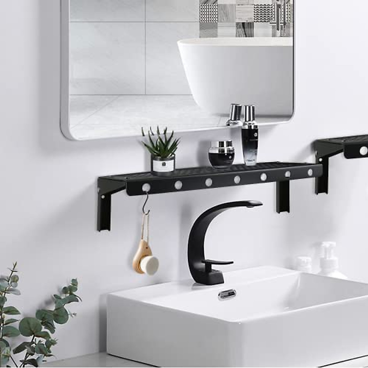 Sedesbon Floating Wall Shelves Set of 2, Black Floating Shelves,Wall-Mounted Bookshelf,Mesh Panel, Used in Living Room, Kitchen, Bathroom ，Garage,Folding with Hooks.