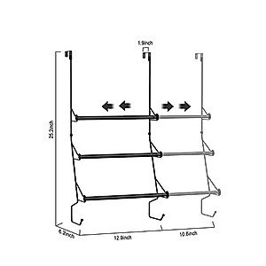 Elbourn Adjustable Over The Door Triple Towel Rack with Hooks, Towel Bar Hanger for Bathroom, Black