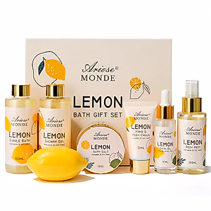 Lemon Scent Bath Spa Gift Box Set for Women - Shower Gel, Bubble Bath, Body Cream, Soap, Salt, Essential Oil