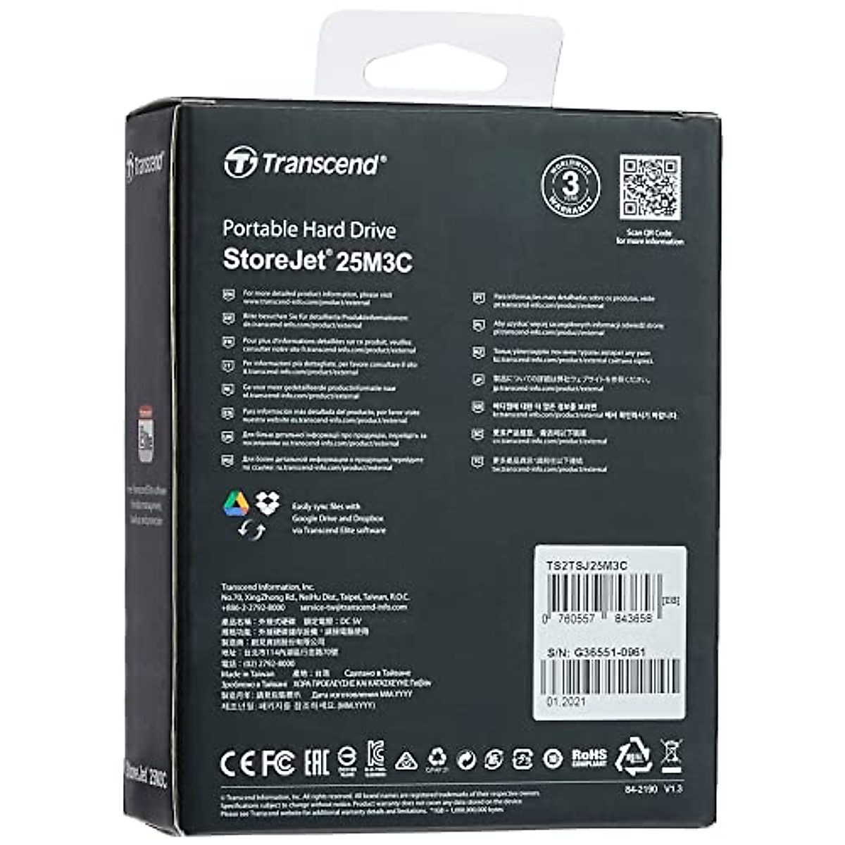 Transcend 2TB StoreJet 25M3C USB Type-C Portable Hard Drive (HDD) Rugged, Anti-shock resistant, Compact and Lightweight with Lightning-fast Speeds and a One Touch Backup Button (Iron Grey) TS2TSJ25M3C