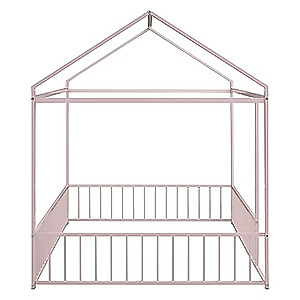 HBRR Full Size Montessori House Bed for Kids, Metal Floor Beds with Fence Railings & Roof, Full Playhouse Bed for Boys Girls, Box Spring Needed, Pink