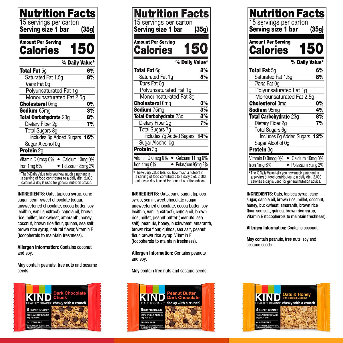 KIND Healthy Grains Bars, Variety Pack, Dark Chocolate Chunk, Oats & Honey, Peanut Butter Snacks, Gluten Free, 45 Count