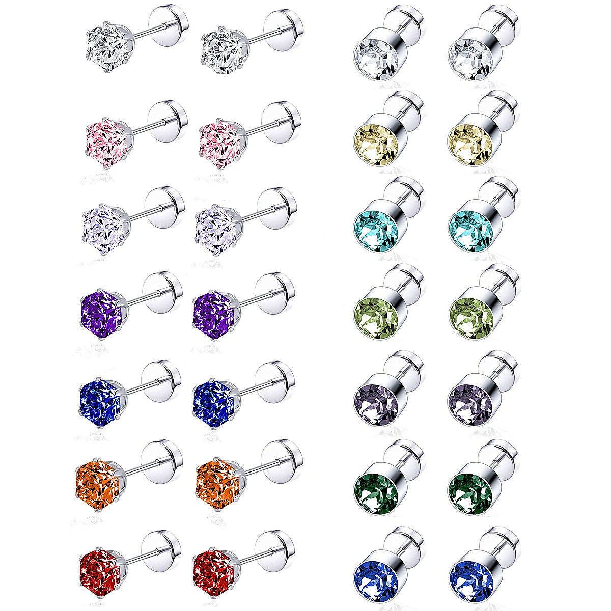 Tornito 14 Pairs Stainless Steel CZ Stud Earrings for Women Multicolor Cubic Zirconia Cartilage Helix Earrings Set Screwback 4MM