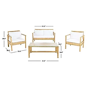 Safavieh Outdoor Collection Garnen Wicker Cushion 4-Piece Living Set PAT7714D, Natural/White