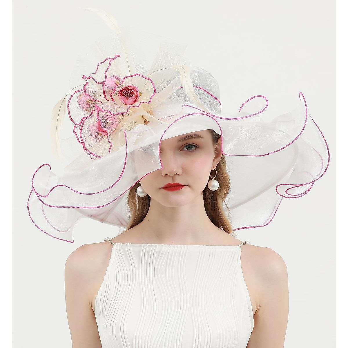ORIDOOR Women Organza Fascinator Kentucky Hat Derby Floral Tea Party Wedding Hat A865 Pink White …