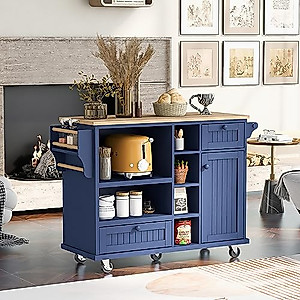 Olela Kitchen Island Cart with Storage, Mobile Rolling Kitchen Table Microwave Rack Cart on Wheels with Open Shelves, Drawers and Cabinet, 18.1 "D X 50.8 "W X 36.2 "H(Open Shelf-Blue)