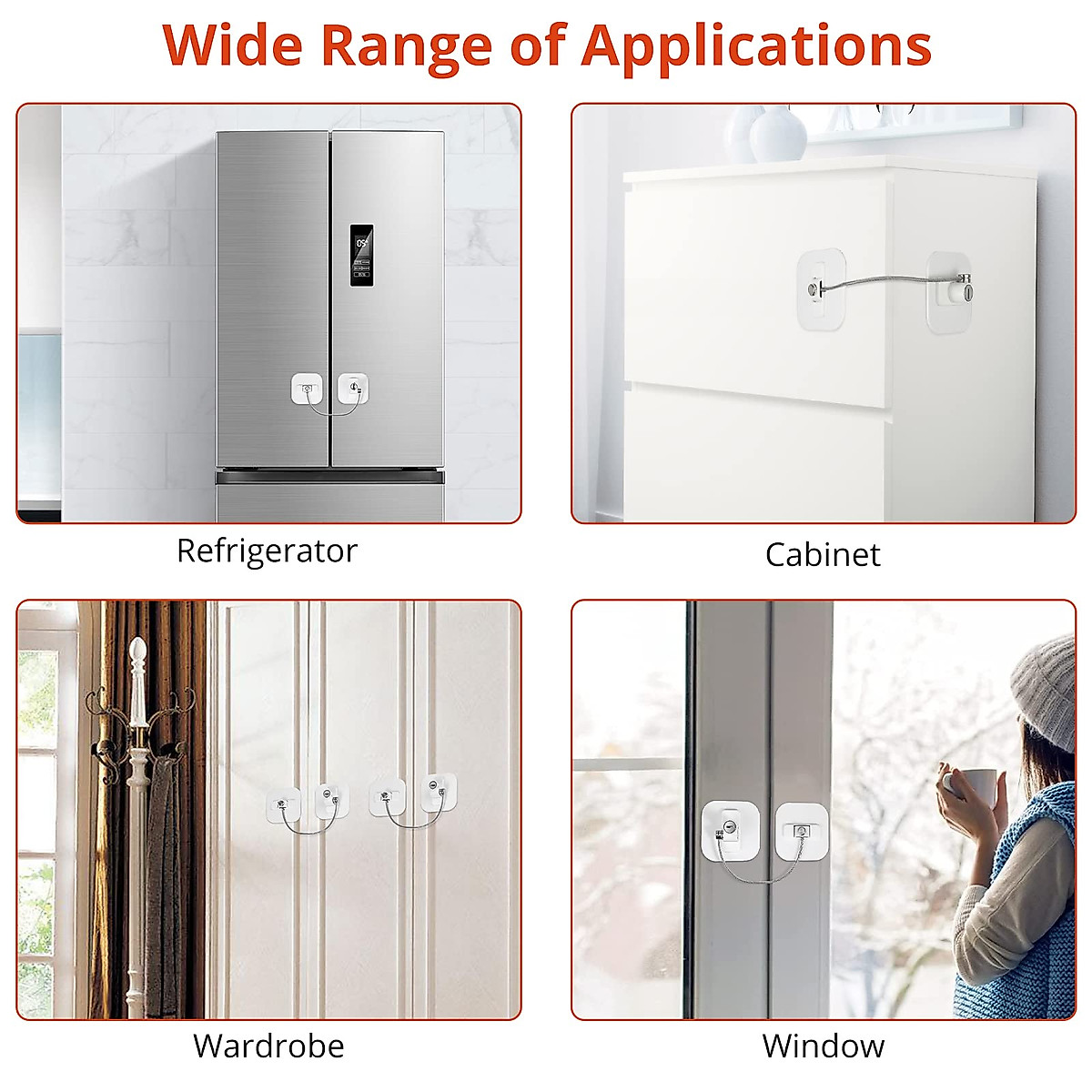 GETLITOOL 2PCS Refrigerator Lock for Children, Kids Safety Fridge Lock with 4 Keys, Zinc Alloy Fridge Locks for Adults Fridge Cable Restrictor Lock for Refrigerator, Cabinets, Drawers