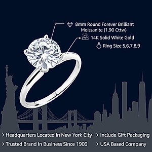14K White Gold Forever Brilliant Moissanite from Charles & Colvard Solitaire Engagement Ring For Women (1.90 Cttw, Round 8MM, Available in size 5, 6, 7, 8, 9)