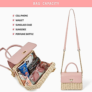 Like Dreams Women Hand-woven Straw Crossbody Faux Croc Vegan Leather Upper Floral Inner Summer Crossbody (Blush)