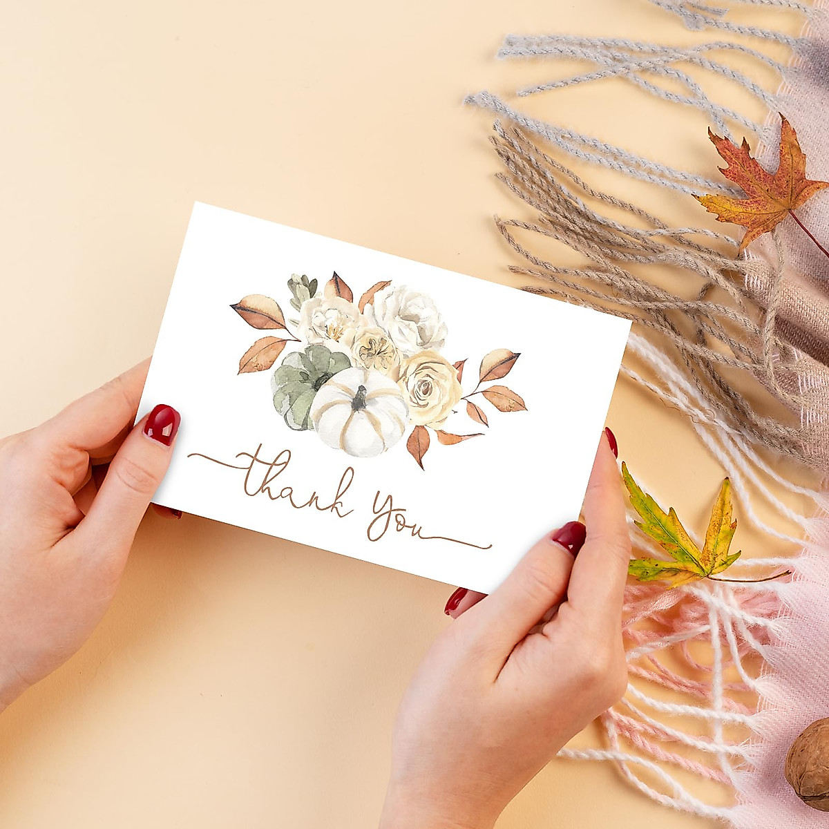 Whaline 50 Pack Fall Thank You Cards Bulk Watercolor Autumn Floral Pumpkin Note Cards with Envelopes Stickers Retro Blank Cards for Thanksgiving Harvest Wedding Baby Bridal Shower