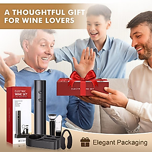 [5-IN-1] Electric Wine Opener, Battery Operated Wine Bottle Opener with Foil Cutter, Wine Aerator, Vacuum Stopper&Storage Base, Automatic Corkscrew, Ideal Wine Accessories for Wine Lovers, Matt Black