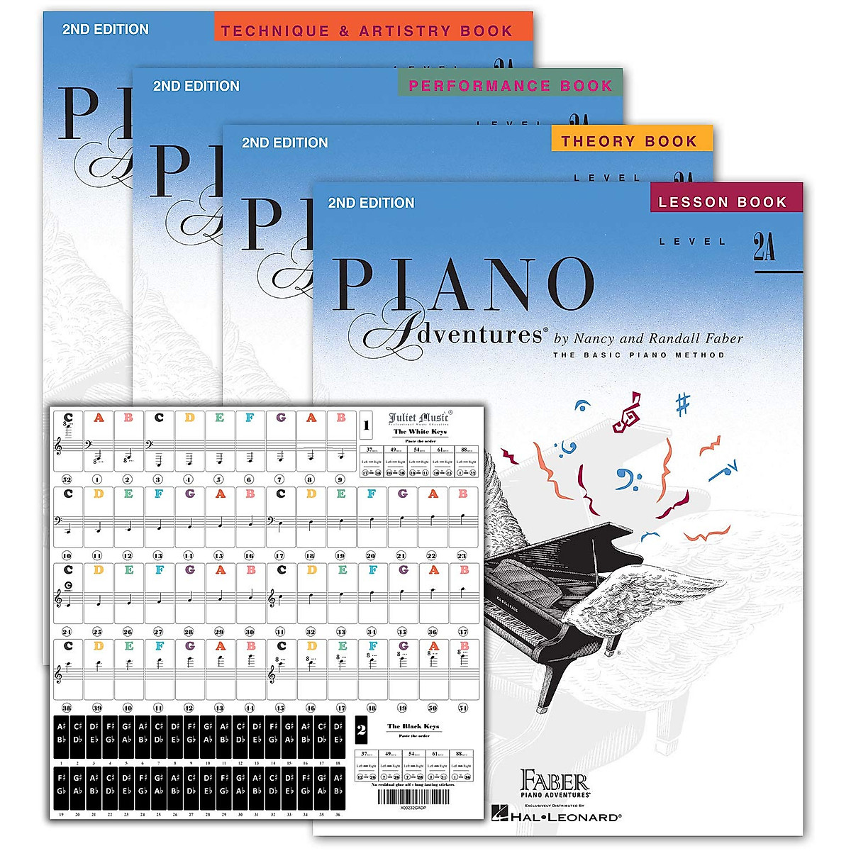 Piano Adventures Level 2A Learning Library Set By Nancy Faber - Lesson, Theory, Performance, Technique & Artistry Books & Juliet Music Piano Keys 88/61/54/49 Full Set Removable Sticker