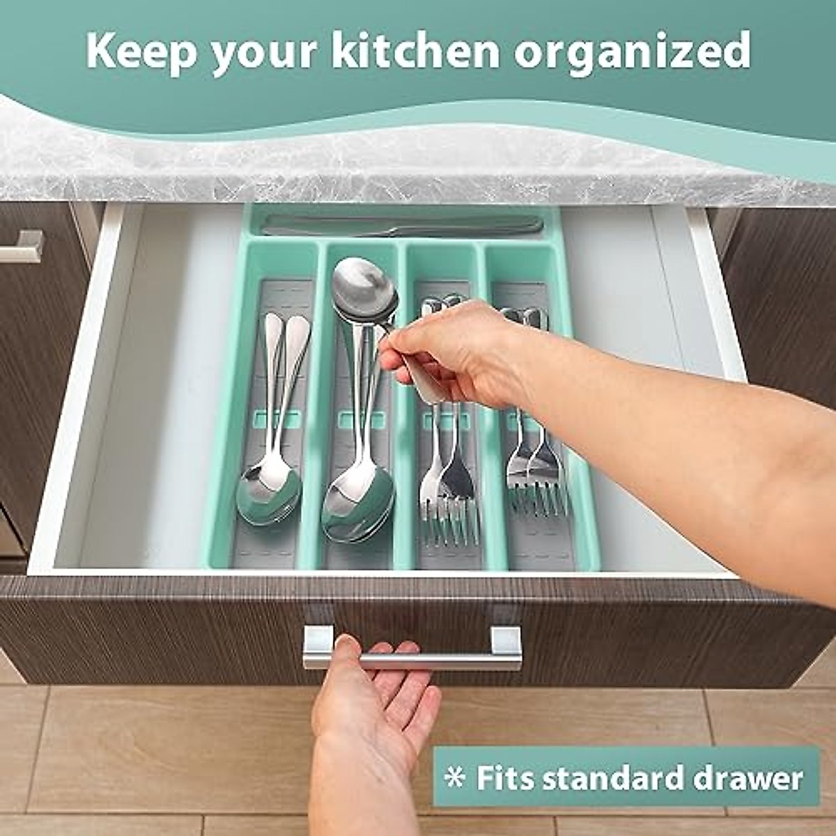 Joequality Silverware Organizer with Icons，Plastic Cutlery silverware Tray for Drawer，Utensil Flatware Tableware Organizer for Kitchen with Non-slip TPR,Fits Standard Drawer,5-Compartment,Light Blue