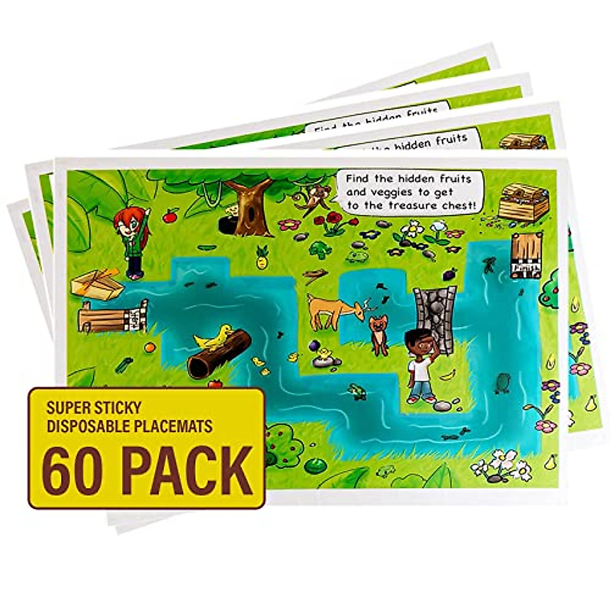 Party Bargains 60 Super Sticky Disposable Placemats - 12" x 18" (Treasure Chest Design) Baby Placemat, BPA Free & Quick to Clean, Keeps a Safe & Germ-Free Surface