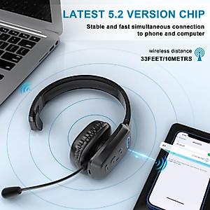 LEAYU Trucker Bluetooth Headset with Noise Canceling Microphone & Mute Button - Up to 60Hrs Worktime, Wireless Headphones for PC Computer Cell Phone Driver Home Office Work (Black)