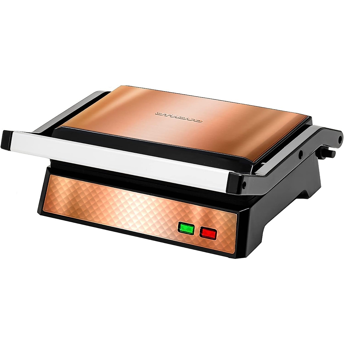 Ovente Electric Indoor Panini Press Grill with Non-Stick Cooking Plate, 1000W Thermostat Control and Removable Drip Tray for Easy Clean, Ideal 2-Slice Sandwich Maker for Breakfast, Copper GP0620CO