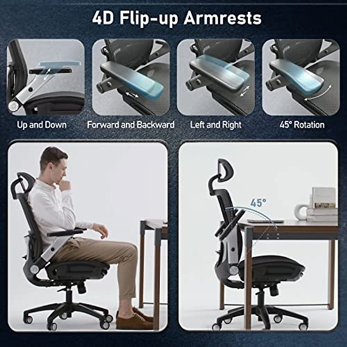 Ergonomic Mesh Office Chair with Footrest, High Back Computer Executive Desk Chair with Headrest and 4D Flip-up Armrests, Adjustable Tilt Lock and Lumbar Support-Black