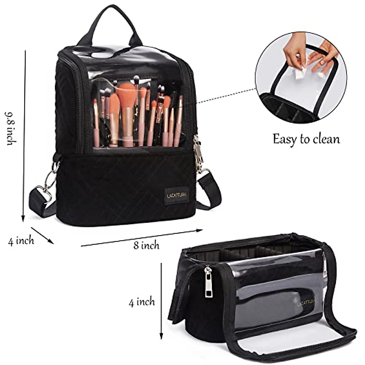 LACATTURA Travel Makeup Brush Case for Women, Tall Cosmetic Brush Holder Bag with Adjustable Dividers, Large Beauty Accessories Organizer Bag, Portable Storage Bag with Shoulder Strap, Black