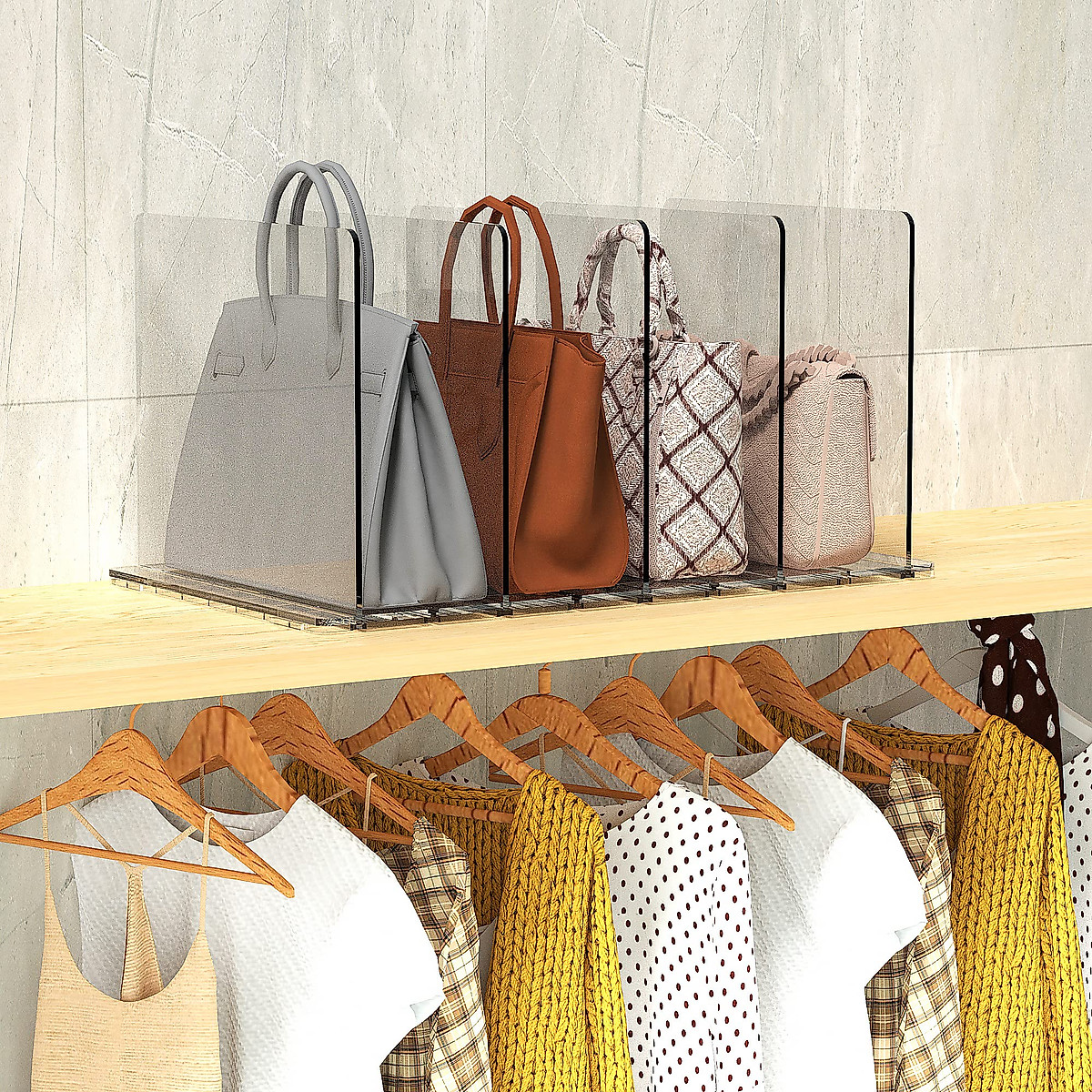 frtzal Purse Organizer for Closet, Shelf Dividers for Closet Organization Adjustable Plastic Handbag Organizers for Closets Purse Storage Organizer (5 layers Tra)