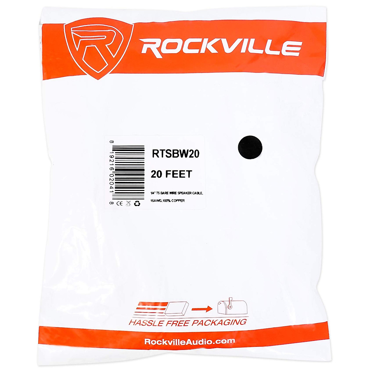 Rockville RTSBW20 20 Foot 1/4" TS to Bare Wire Speaker Cable,16 AWG,100% Copper