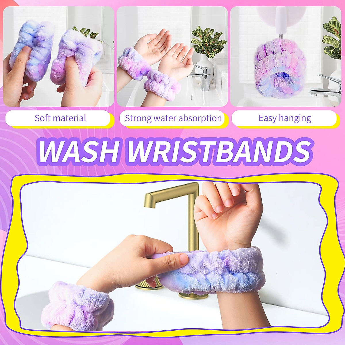 WSYUB Spa Headband and Matching Wrist Bands for Washing Face, Fuzzy Skincare Bow Headbands, Soft Facial Makeup Head Bands, Shower Hair Sleepover Party Supplies