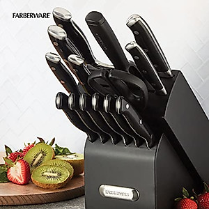 Farberware 15-Piece Forged Triple Riveted Knife Block Set, High Carbon-Stainless Steel Kitchen Knives, Razor-Sharp Knife Set with Wood Block, Black