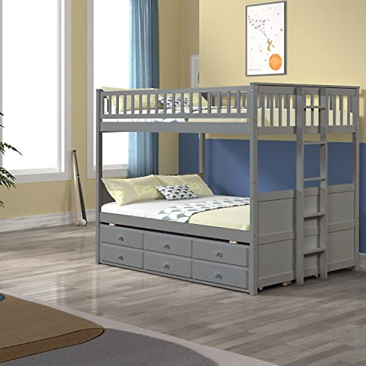 OUYESSIR Full Over Full Bunk Bed with Trundle and 3 Drawers, Full Size Bunk Beds Convertible to 2 Platform Beds, Solid Wood Bunk Bed with Twin Size Trundle and 3 Storage Drawers (Grey, Ladder)