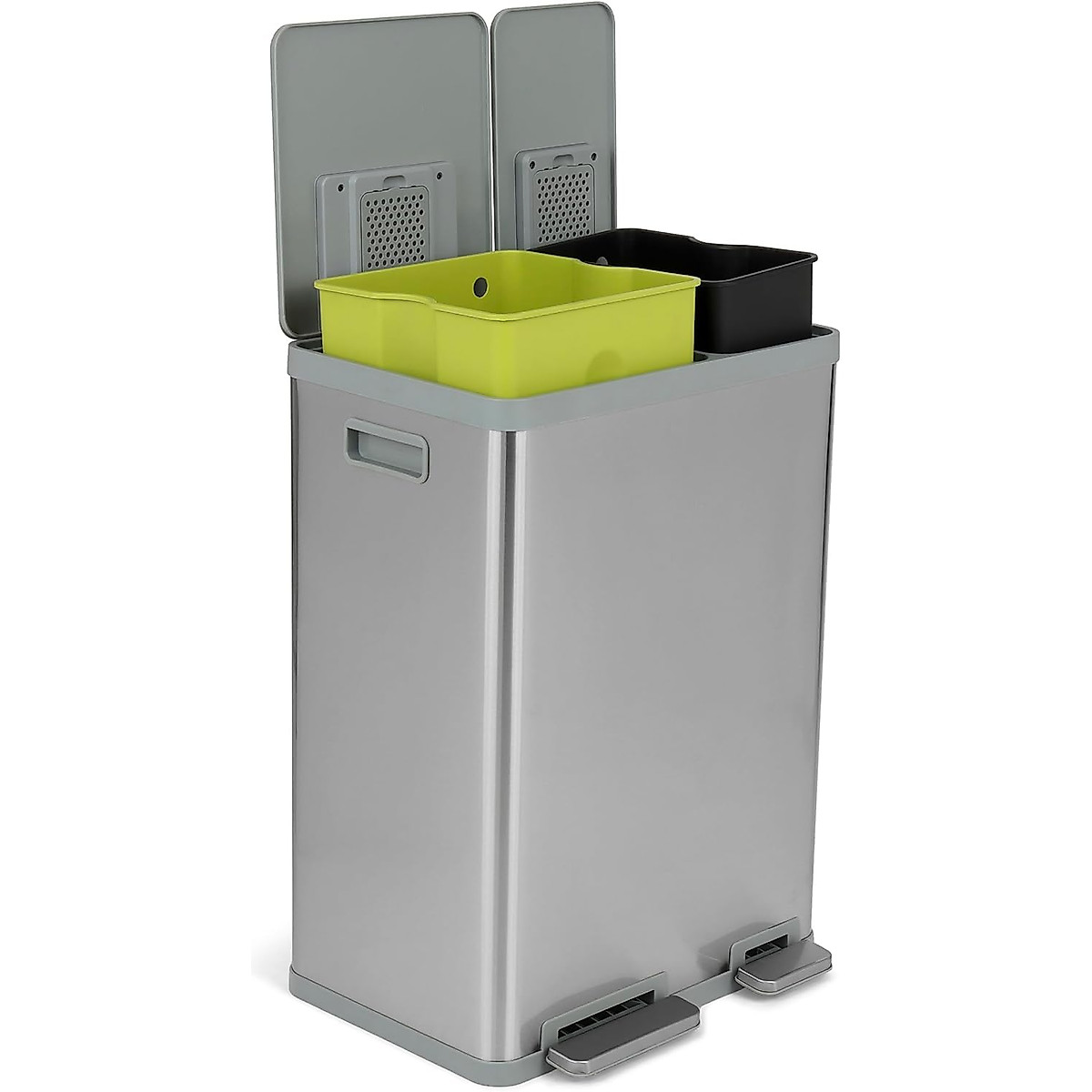 Simpli-Magic 60 Liter / 16 Gallon Rectangular Hands-Free Dual Compartment Recycling Kitchen Step Trash Can with Soft-Close Lid, Brushed Stainless Steel (40L + 20L Capacity)