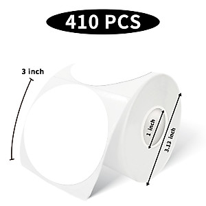Yeachlaing 3 Inch White Round Thermal Sticker Labels, Self-Adhesive Circle Direct Thermal Labels, Multi-Purpose Roll Sticker Labels for DIY Logo Design, QR Code, Name Tag（ 410 Labels,1 Roll）