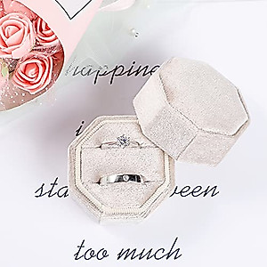 Etercycle Velvet Ring Box, Octagon Gorgeous Vintage Double Jewelry Ring Gift Box with Detachable Lid for Proposal Engagement Wedding Ceremony (Beige)