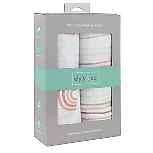 Ely's & Co. Cotton Muslin Swaddle Blanket 2-Pack for Baby Girl — 100% Cotton Muslin Extra-Large Swaddle Blankets (47” x 47”) Dusty Rose Stripes | Rainbows