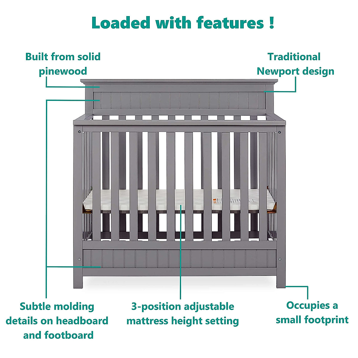 Dream On Me Harbor 4-in-1 Convertible Mini Crib in Storm Grey, Greenguard Gold Certified