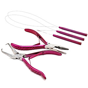 Professional Hair Extension & Beading Tool Kit Remove Plier Set for beads (4 Piece) I-Link Micro Ring Loop Needle Pulling Hook Threader Wire for Silicone Rings (Shocking Pink)