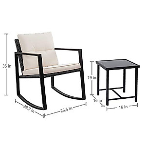 Flamaker Patio Chairs 3 Piece Wicker Rocking Chair Outdoor Bistro Sets with Coffee Table and Cushions Metal Frame Patio Furniture for Porch, Balcony, Lawn (White)