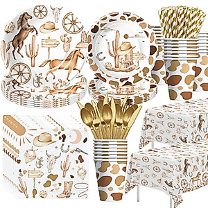 APOWBLS Western Cowboy Birthday Party Decorations Dinnerware - Wild West Party Supplies, Plate, Cup, Napkin, Cutlery, Tablecloth, Western Cowboy Rodeo Birthday Baby Shower Decorations | Serve 24