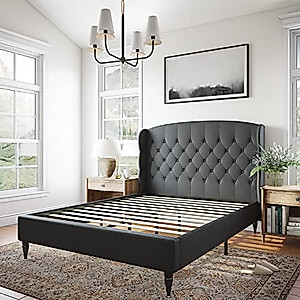 DeCoro Coventry Upholstered Platform Bed | Headboard and Metal Frame with Wood Slat Support | Grey, Queen Size