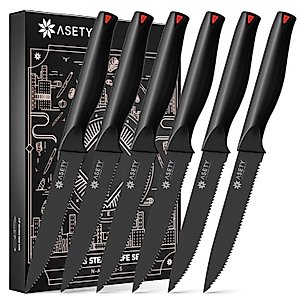 ASETY Steak Knives Set of 6, Serrated Steak Knives,Dishwasher Safe,High-Carbon Stainless Steel Steak Knife Sets with Elegant Box,Black
