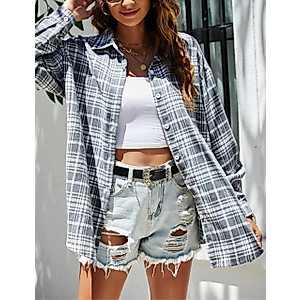 Oulivey Plaid Flannel Shirts for Women Oversized Button Down Long Sleeve Buffalo Shirts Blouse Tops(0003-Grey-M)