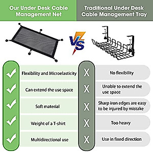 Under Desk Cable Cord Net Management, Cable Net Desk for Cable Management, Large Flexible Cable Duct, Invisible Storage for Hiding Cables Office Under Table Black