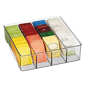 mDesign Plastic Stackable Tea Bag Storage Organizer Bin with 4 Divided Compartments - Holder for Kitchen Cabinet, Pantry, Countertop - Holds Sugar Packets, Coffee Pods, Ligne Collection, 2 Pack- Clear